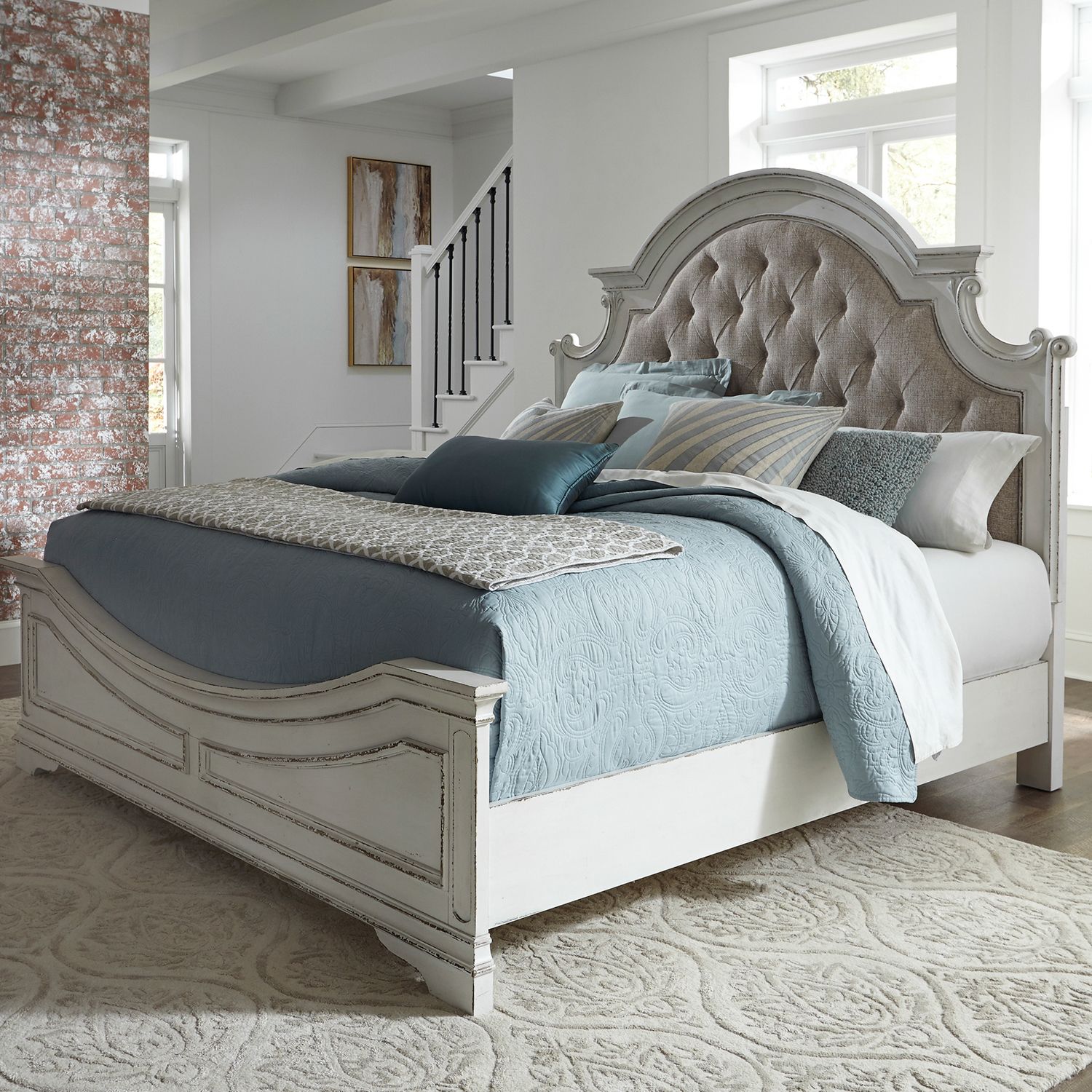 Queen Upholstered Bed - Antique White & Weathered Bark - Louis Mohana ...